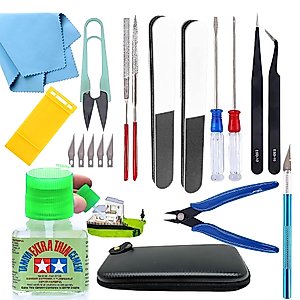 Tamiya Extra Thin Cement with Fine Tip Applicator and Pixiss Gundam Model Toolkit - 4 Oz Plastic Model Glue for Miniatures, Model Kits - Miniature Tool Kit Including Mini Tweezers, Pliers, Nippers