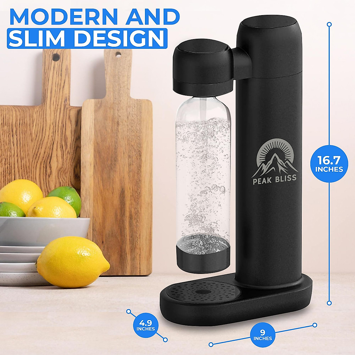 Peak Bliss Original Soda Maker (Matte Black): Carbonate Drink (1L PET Bottle Included), Create Sparkling, Seltzer & Fizzy Water, Compatible with Any Screw-In 60L CO2 Carbonator (Not Included)