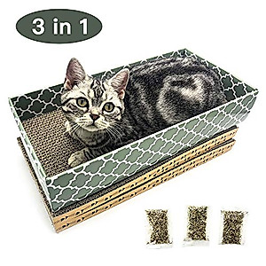 MECOOL Cat Scratcher Cardboard Scratching Pads Scratch Lounge Bed with Catnip 3PCS Reversible Corrugated Cardboard with Scratch Box