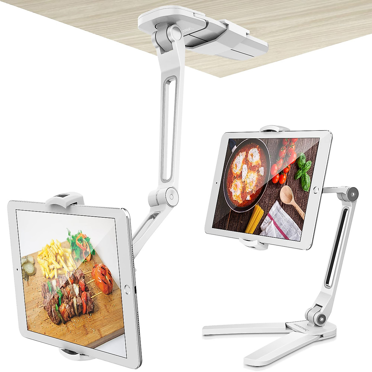 AboveTEK Under Cabinet iPad Mount, 3 in 1 Highflex 360° iPad Wall Mount for Kitchen, Tablet Celling Under Counter Holder, Kitchen iPad Stands Fits 4.7" to 13.5" iPad, Mini, Air, Surface Pro - White