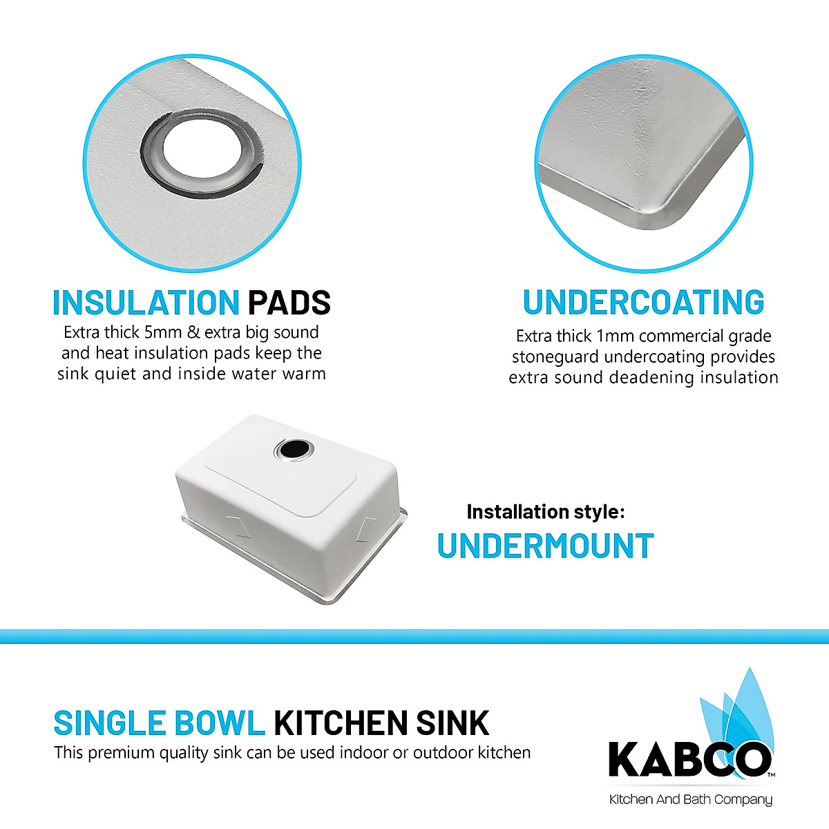 KABCO 18 Gauge 27 Inch Single Bowl Undermount Stainless Steel Kitchen Sink, Rust Resistant Sound and Heatproof Laser Cut Tight Radius SInk for Indoor or Outdoor Kitchens