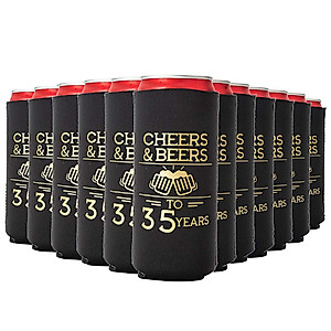 Cheers & Beers to 35 Years Slim Can Coolers 35th Birthday Party Coolies, Set of 12, Black and Gold Can Coolers, Perfect for Birthday Parties, Birthday Decorations…