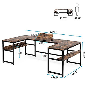 Tribesigns U- Shaped Desk with Bookshelf and Tilting Drawing Board, L Shaped Computer Desk Gaming Gamer Table Workstation Desk with 3 Desktop for Home Office (Rustic)
