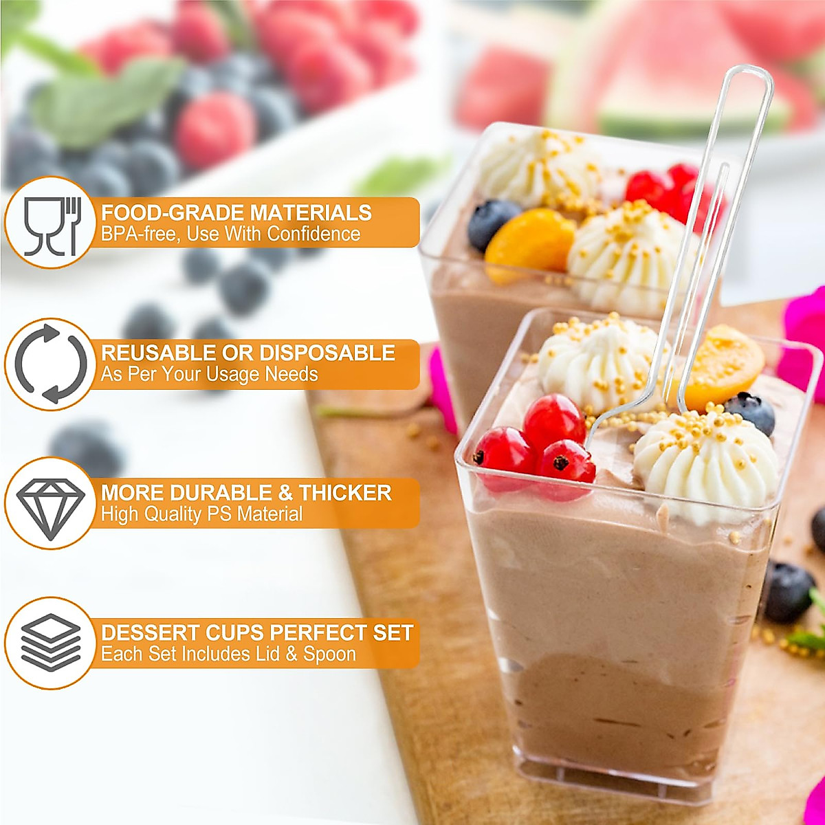 SEANSDA 5oz Plastic Dessert Cups with Lids and Spoons, Clear Yogurt Parfait Cups with Lids, Mini Dessert Cups with Spoons, Small Square Appetizer Cups for Fruit Party Pudding Shooter - 20 Pack