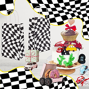 30 pieces Plaid Race Car Favors Paper Bags with Handle, Checkered Racing Gift Bags Bulks, Size 9'(H)x5.5'(L)x3.3'(D) Black and White Checkered Race Car Themed Kraft Paper Bags for Kids Birthday Party