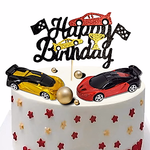Cars Cake Topper Model Racing Car Chequered Flag Sports Themed Birthday Party Decor Supplies Decorations for Boys Kids
