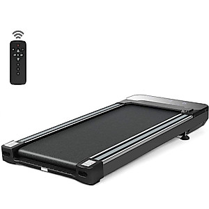GYMAX Under Desk Walk Treadmill, Easy Assembly Flat Treadmill with LED Display, Touch Control, Independent Remote Controller, Electric Walking & Jogging Machine with 3 Preset Models & 12 Built-in Prog