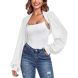 ZAFUL Women's Long Sleeve Open Front Bolero Shrug Crop Top Cardigan Elegant White L