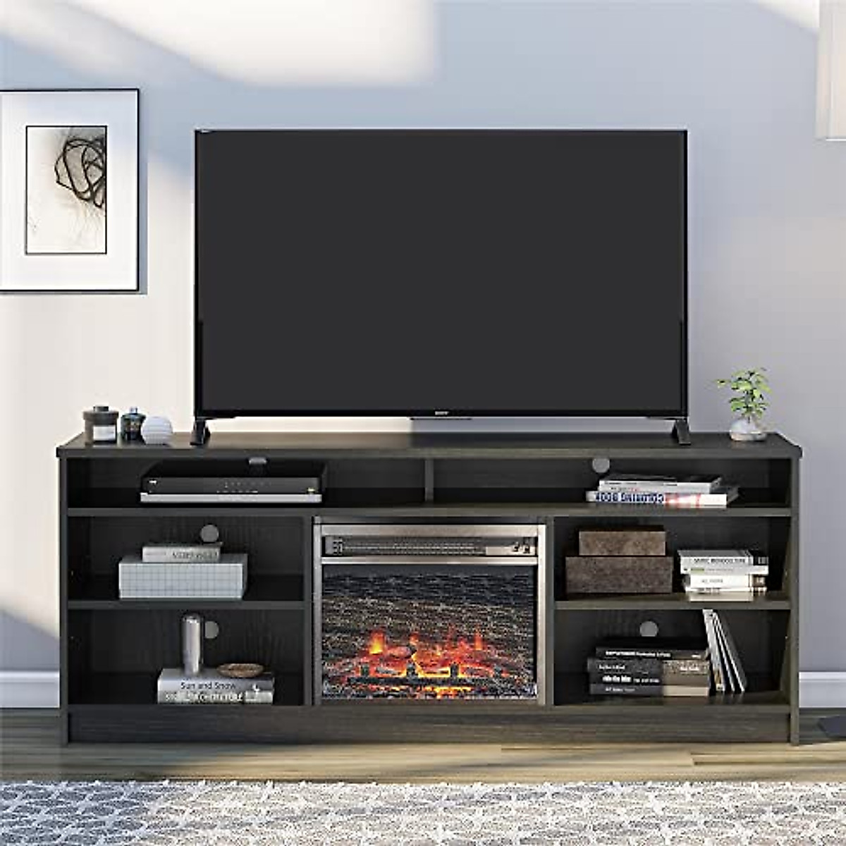 Ameriwood Home Hendrix 65" TV Stand with Electric Fireplace Insert and 6 Shelves, Black Oak