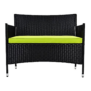 SAWQF 4PCS Patio Furniture Outdoor Garden Conversation Set Black Wicker 2 Armchairs+1 Double Sofa+1 Table w/Green Cushion