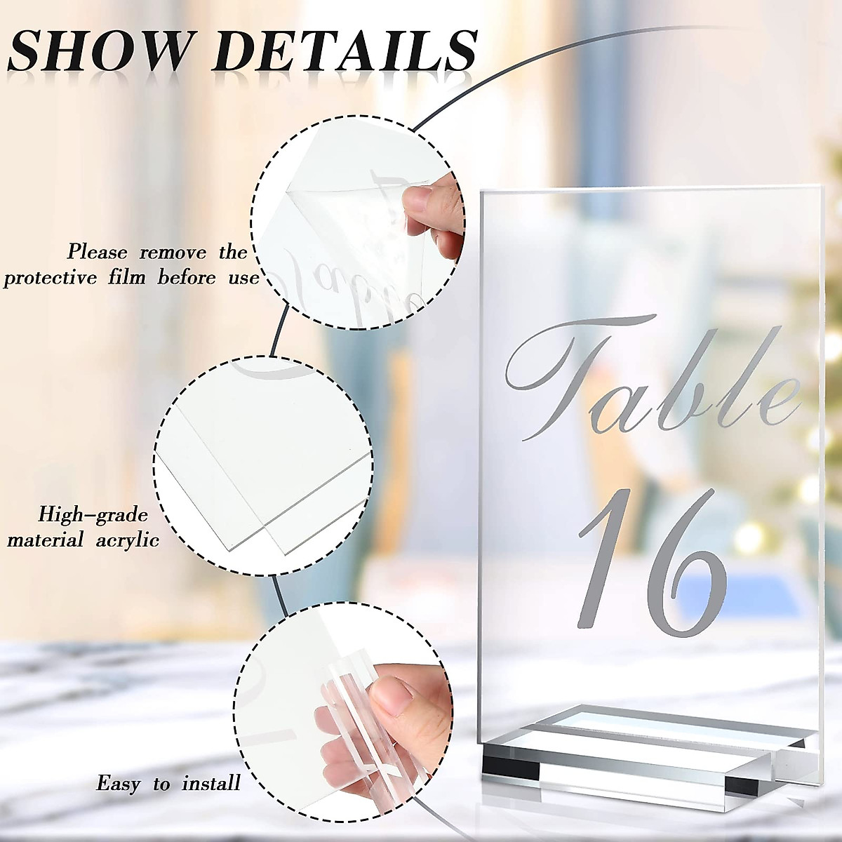 20 Pieces Wedding Table Numbers Acrylic Table Number Holder Wedding Numbers 4 x 6 Inches Clear Acrylic Table Numbers with 20 Pieces Display Stand Table Number Signs for Wedding Reception (1-20 Print)