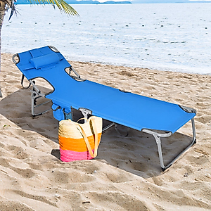 Giantex Lounge Chair Outdoor, Tanning Chair, Folding Beach Chair with Face Arm Hole, Washable Pillow, Side Pocket, Carry Handle, Adjustable Pool Lounger for Patio, Lawn, Lounge Chair Outside, Blue