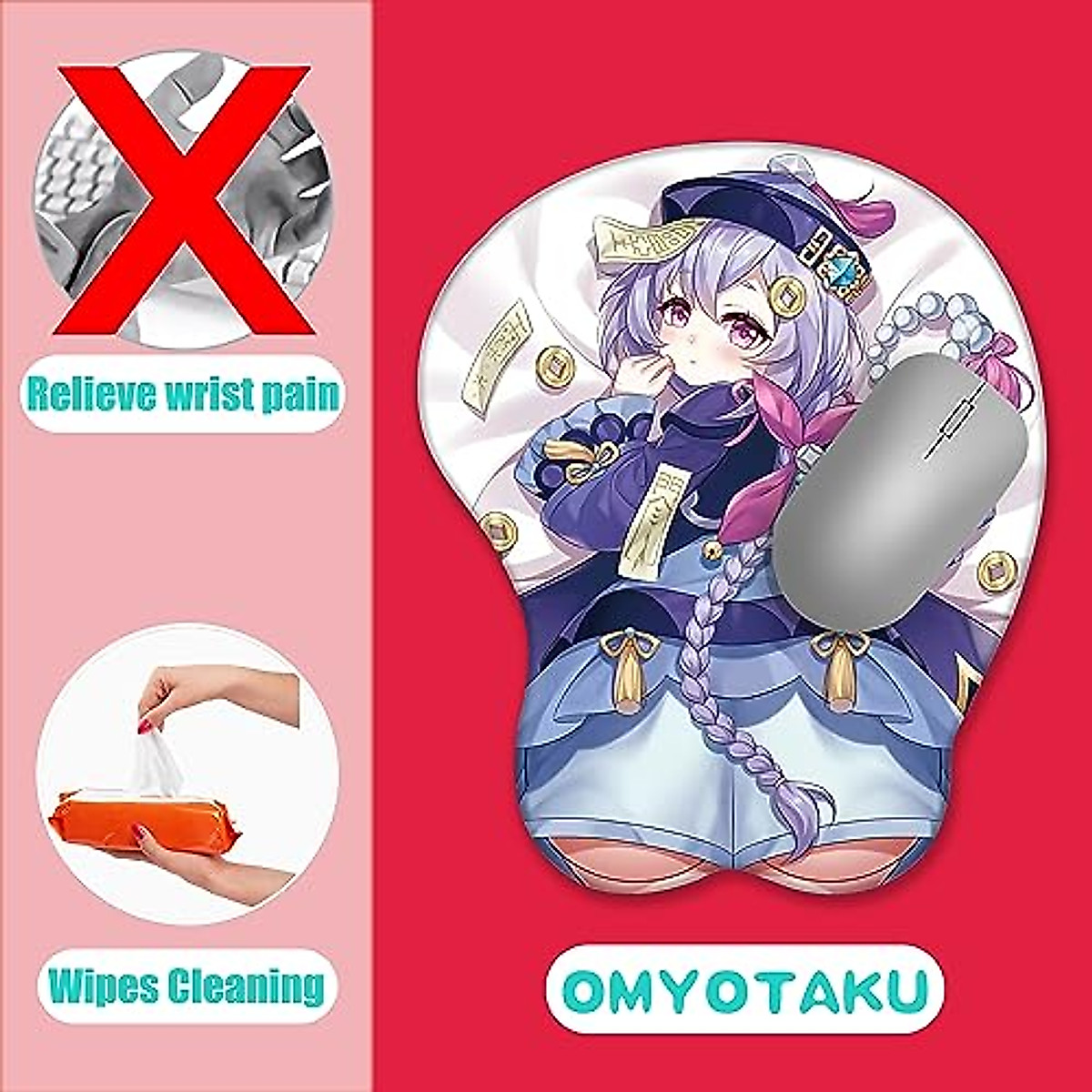 LNIUB Genshin Impact Anime 3D Mousepad, Qi-Qi Silicone Gel Mice Pad Ergonomics Computer Wrist Rest Support (Blue)