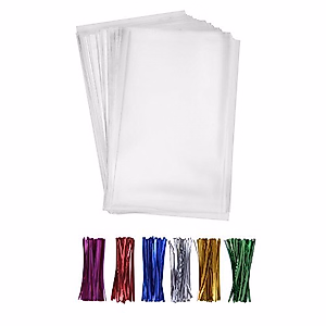 200 Clear Treat Bags 6x9 with 4" Twist Ties 6 Mix Colors - Thick OPP Plastic Cello Bags for Wedding Cookie Birthday Cake Pops Gift Candy Buffet Supplies (6'' x 9'')