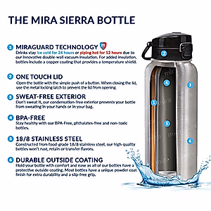 MIRA 32 oz Stainless Steel Water Bottle - Hydro Vacuum Insulated Metal Thermos Flask Keeps Cold for 24 Hours, Hot for 12 Hours - BPA-Free One Touch Spout Lid Cap - Black