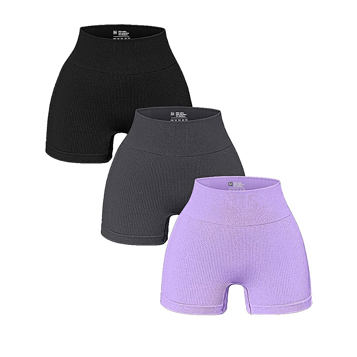 OQQ Women's 3 Piece Yoga Shorts Ribbed Seamless Workout High Waist Athletic Leggings Black Grey Lavender