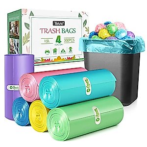 4 Gallon 330pcs Strong Trash Bags Colorful Clear Garbage Bags, Bathroom Trash Can Bin Liners, Small Plastic Bags for home office kitchen, fit 12-15 Liter, 3,3.5,4.5 Gal,Multicolor