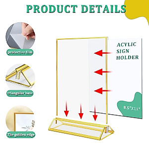 Cashger 8.5X11 Clear Sign Holder, Wedding Table Sign Double Sided Holder, Set of 6 Clear Acrylic Frames with Gold Border for Menus, Numbers, and Decor