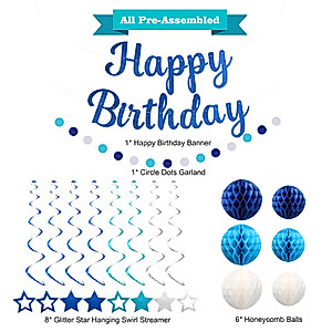 YEOCU Birthday Decorations, NO DIY, Pre-Strung Happy Birthday Banner with Honeycomb Balls, Hanging Swirls, Circle Dots Garland, Happy Birthday Party Decorations for Women Men Boys Girls (Blue)