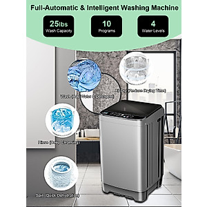 KRIB BLING 25 lbs Full Automatic Washing Machine with LED Display Compact Washing Machine with Drain Dump, 10 Wash Programs and 8 Water Levels Ideal for Dorms, Apartments, RV, Grey