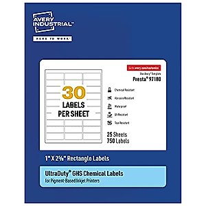 Avery UltraDuty GHS Labels, Waterproof, 1 X 2-5/8 Inch Rectangle Labels, Pack of 750 White Labels for Use with Pigment Inkjet Printers