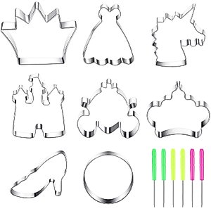 8 Pieces Princess Cookie Cutter Set with Crown, Dress, Castles, Unicorn Head Shapes Stainless Steel Fondant Biscuit Cutters and 6 Pieces Sugar Stirring Pins