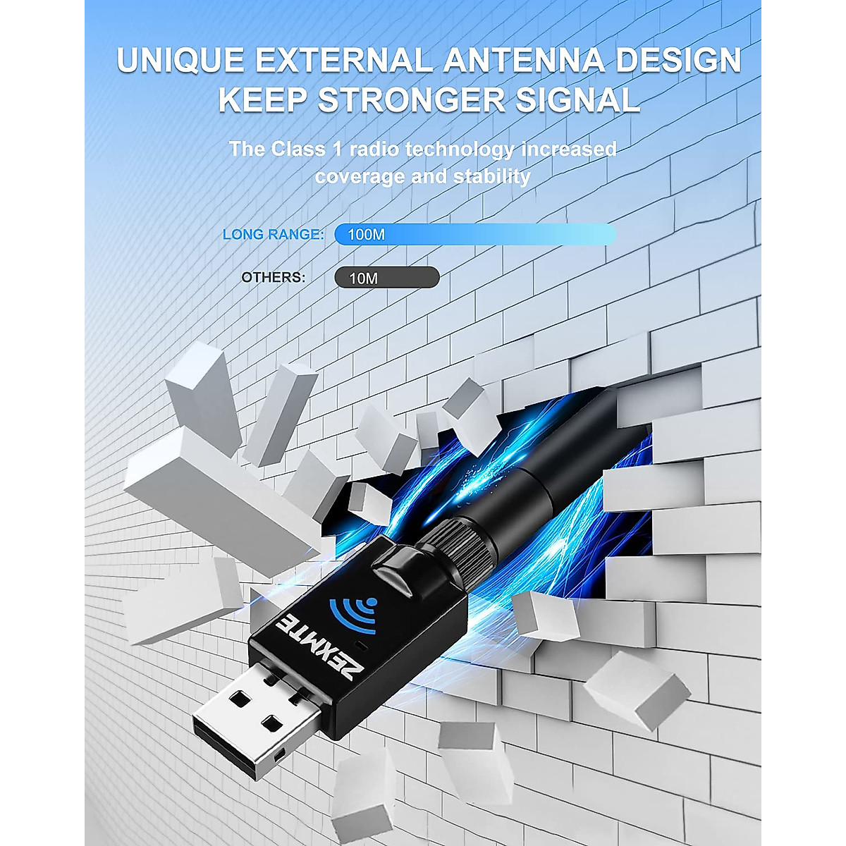 Long Range USB Bluetooth Adapter for PC USB Bluetooth Dongle Wireless Bluetooth Adapter for Headphones Speakers, 328FT / 100M,5.0 Bluetooth Transmitter Receiver for Windows 10/8 / 8.1/7