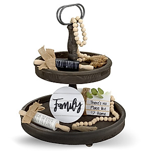 Noble Nest Farmhouse Tiered Tray, Two Tiered Tray, Rustic Farmhouse Kitchen Decor with Metal Handle and Distressed White Finish, Decorative Tray, Modern Farmhouse Decor - Brown Tiered Tray