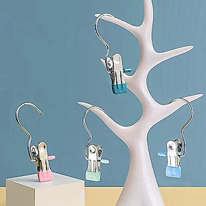 Clothes Pins Clips with Hook, 10 Pcs 2.2 Inch Stainless Steel High Elasticity Good Persistence for Clothes, Wardrobe Hooks, Socks, Hat, Tie (10)