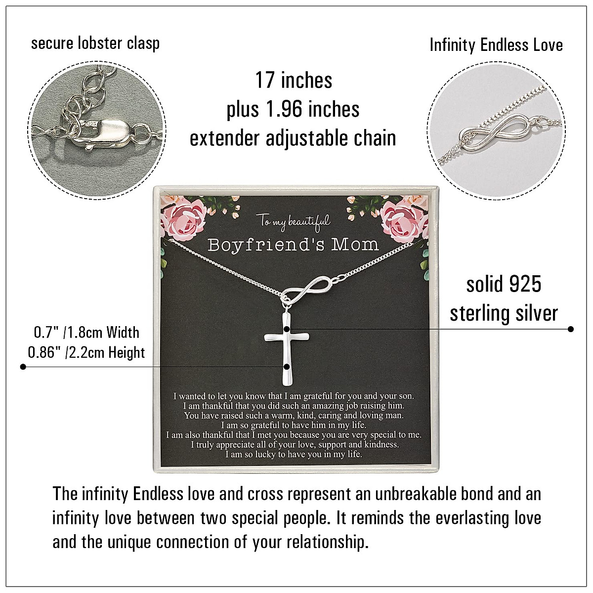RareLove To My Boyfriends Mom Necklace,925 Sterling Silver Infinity Cross Necklace for Women,Boyfriends Mom Christmas Gifts,Future Mother in law Gifts