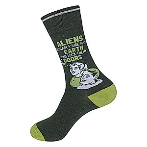 FUNATIC Aliens Probably Ride Past Earth And Lock Their Doors Novelty Crew Socks Men Women Adult Teen | Funny UFO Gift Idea with Saying | Best Unisex Party Day Present for Extra-Terrestrial Believers