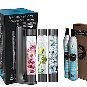 FIZZpod Soda Maker With TWO CO2 Cylinder- Fizzy Drink Machine with 3 PET Bottles, 3 Caps, 1 Carbonator Cap and Manual - Make Homemade Sparkle Water, Juice, Coffee, Tea and Cocktail Drinks with Fruit (Black + 2 CO2 + Stur Drink Mix)
