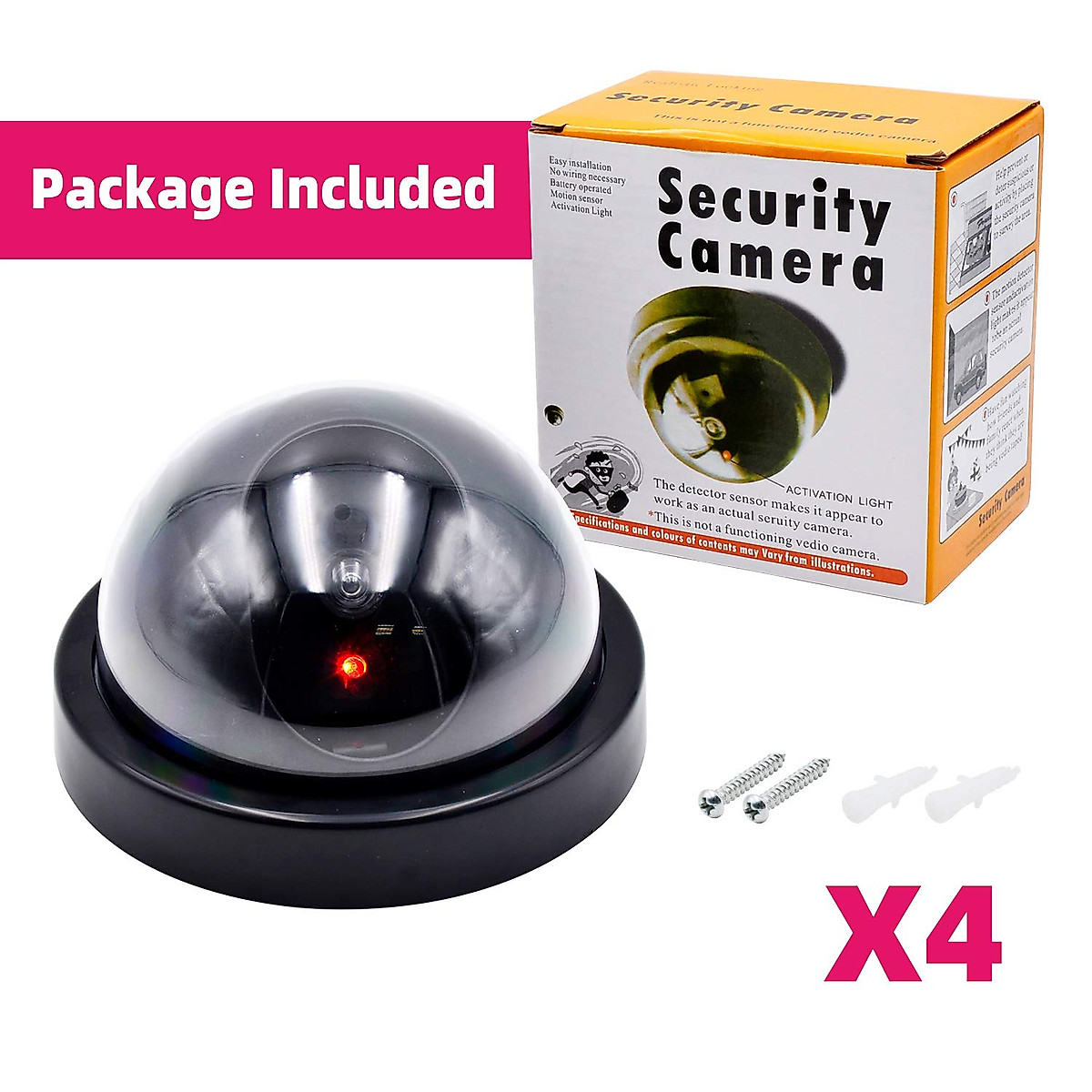 EXCERCUS Fake Security Camera,Simulation Dummy Hemisphere Dome Camera,Wireless Surveillance System Realistic Look Indoor Waterproof with Flashing Red LED Light for Home Business Parking lot,4 Pack
