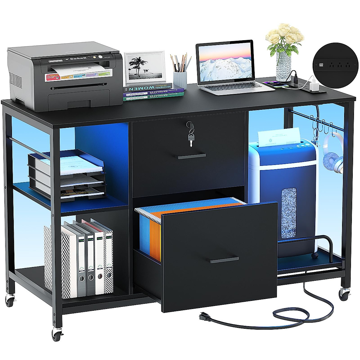 Hyomdeck 47" Lateral File Cabinet with Power Outlet and LED Light, Filing Cabinet with Printer Stand fits Legal/Letter Size, 2 Drawer File Cabinets for Home Office with Lock,Black