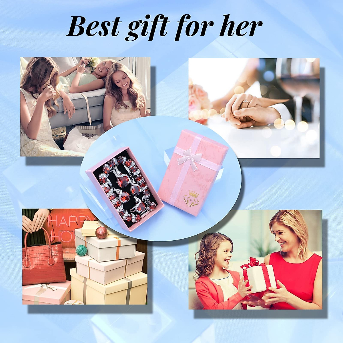 GZWHD Red Jewelry Set Created Waterdrop Garnet Earrings Necklace Open Ring Tennis Bracelet Set, Silver-Tone,Party Prom Wedding Jewelry Valentine's Day Gift for Women Lady