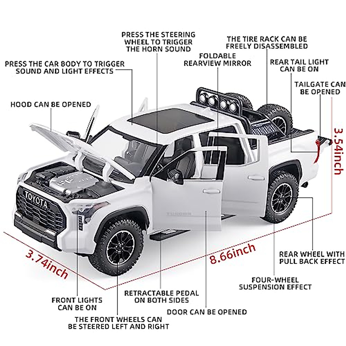 OANMYJJO Toy Trucks for Boys 1/24 Toyota Tundra Diecast Metal Model Toy Pickup Truck Pull Back Car Model with Light and Sound Toy Trucks for Boys Age 4-7(White)