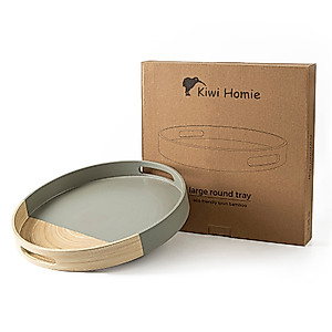 Kiwi Homie 13.78" Dia Spun Bamboo Serving Tray, Round Tray with Handles, Round Ottoman Tray, Semi Grey for Coffee Table, Serving Food on Home Dining Table, Restaurant (Grey)