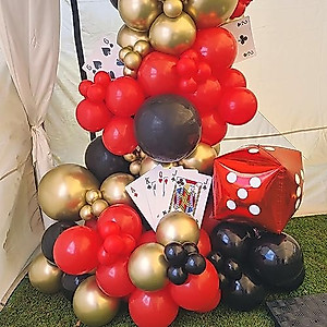 Casino Balloon Garland Arch Kit, 128Pcs Red Black White Gold Balloon With Starburst Dice Foil Balloons Giant Paper Card for Casino Las Vegas Game Night Poker Theme Party Decorations