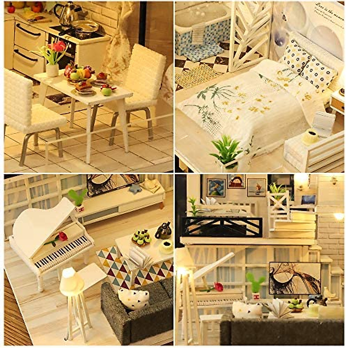 Fsolis DIY Dollhouse Miniature Kit with Furniture, 3D Wooden Miniature House with Dust Cover and Music Movement, Miniature Dolls House kit (M21)