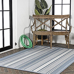JONATHAN Y SMB202E-8 Haynes Modern Double Stripe Indoor Outdoor Area-Rug, Rustic, Transitional, Farmhouse Easy-Cleaning,Bedroom,Kitchen,Backyard,Patio,Non Shedding, Blue/Light Gray, 8 X 10