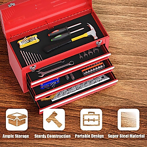 IRONMAX Portable Tool Box, Lockable Steel Tool Chest Cabinet w/ 3 Drawers & Top Tray, 3-Drawer Toolbox for Household, Warehouse, Repair Shop, Red