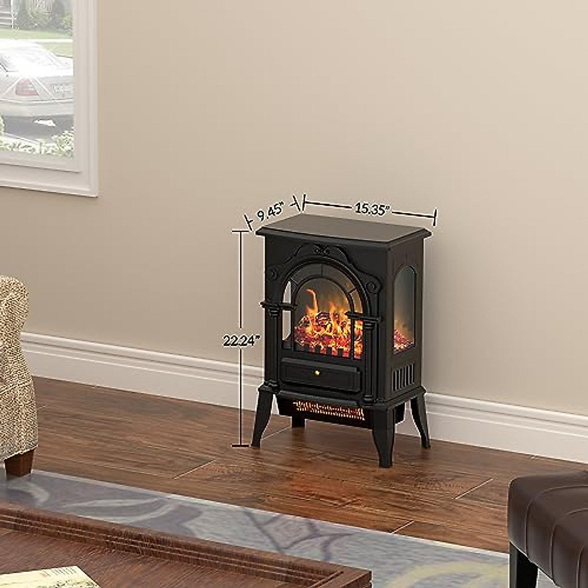 Freestanding Electric Fireplace Stove, 16" Infrared Fireplace Heater with Realistic Flame Effects, Adjustable Brightness and Thermostat, Overheating Safe Design, 1000W/1500W
