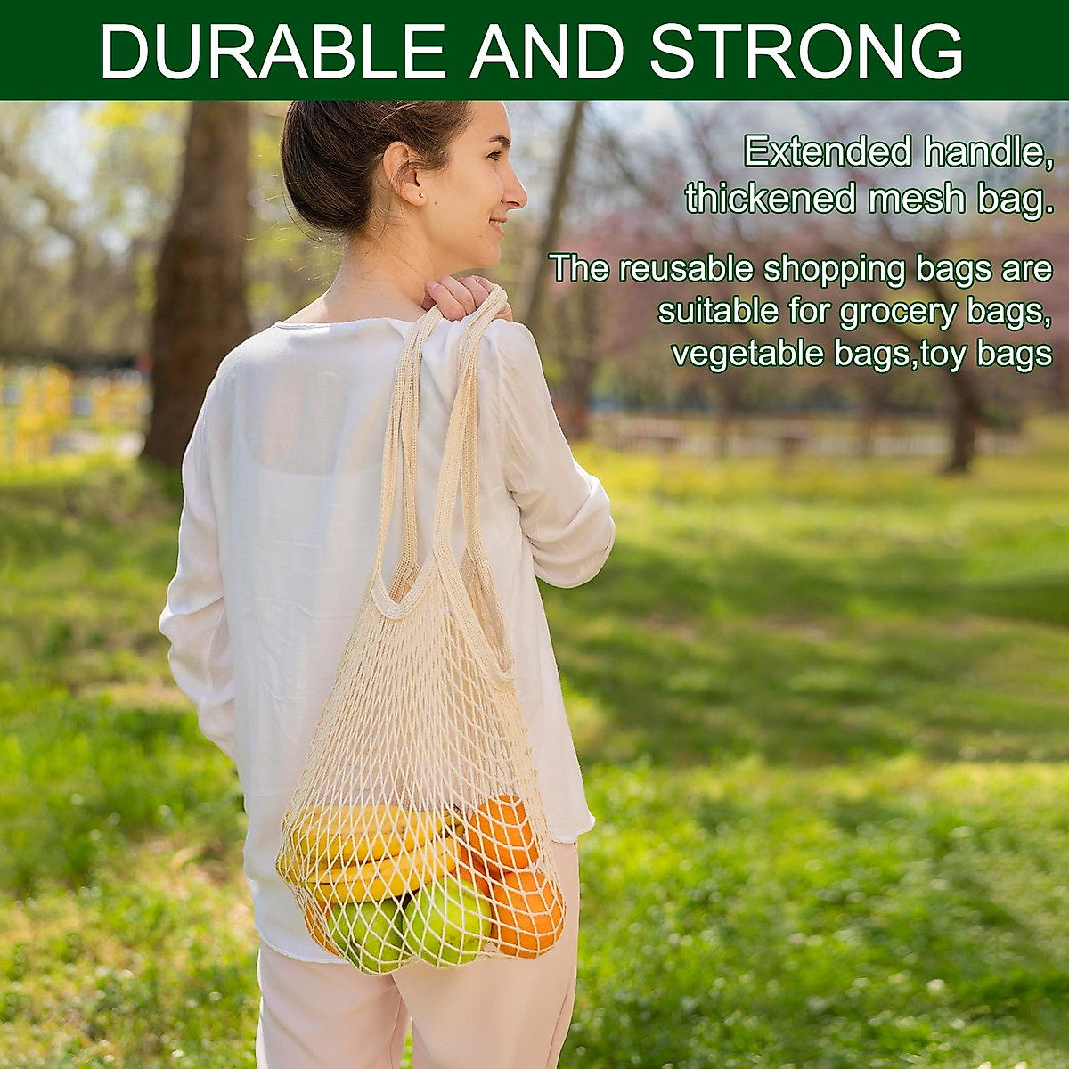 Mordx 2 Pack Premium Mesh Grocery Bags,100% Cotton String Mesh Bags,Long Handle Net Tote Bags,Reusable Produce Bags,Washable,Portable，Fruit and Vegetable Storage Bags,Beige