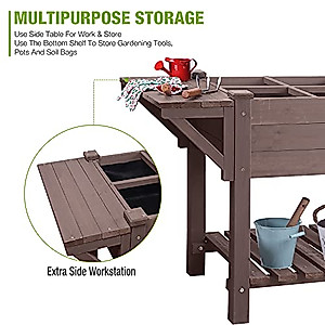 GUTINNEEN Raised Garden Bed for Herbs, Patio Elevated Flower Planter Vegetable Boxes with Grow Grid - Large Storage Shelf Brown