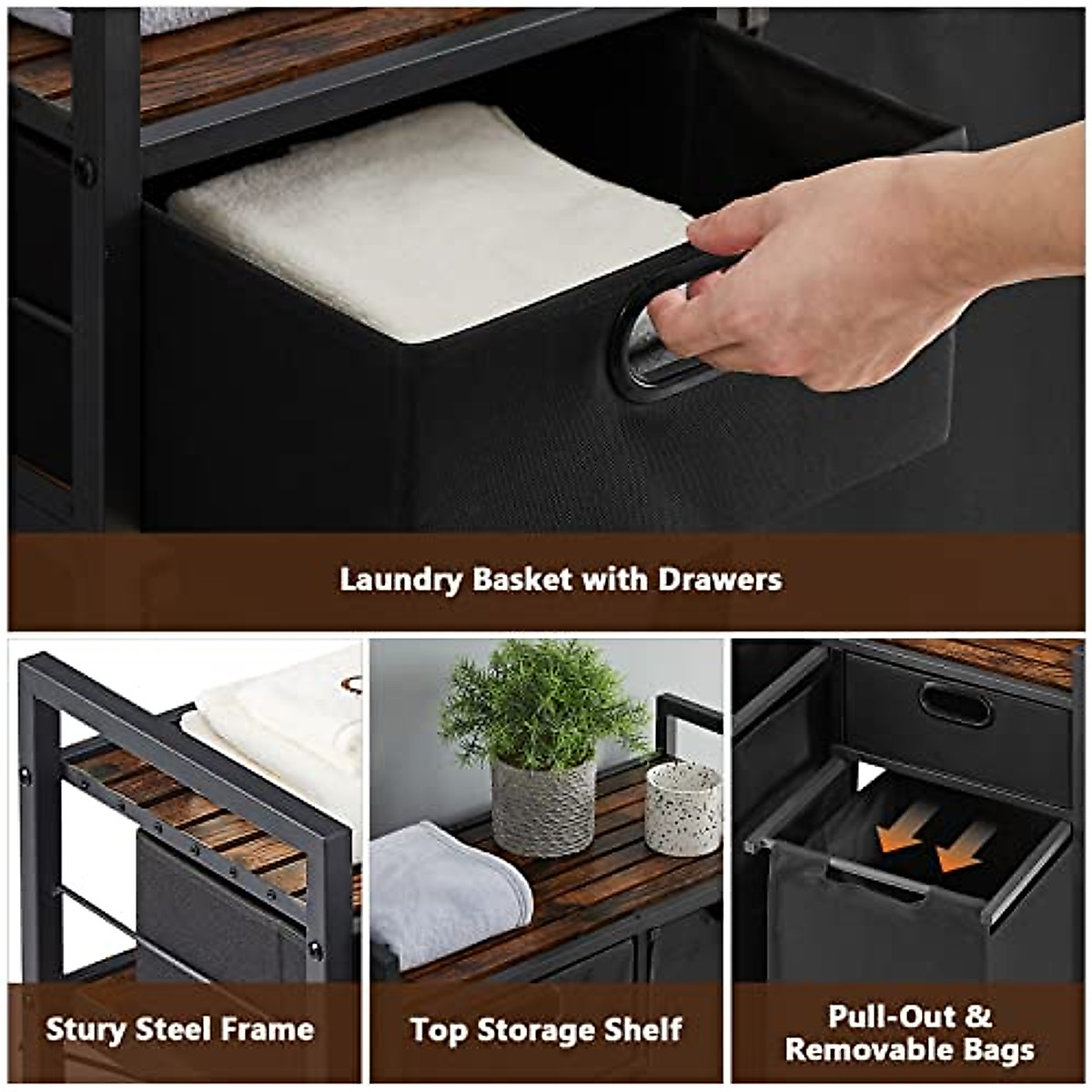 Unovivy Double Laundry Hamper with Drawer, Laundry Basket with 2 Removable Laundry Sorter Bags, Oxford Fabric, Metal Frame, Clothes Hamper for Bathroom, Dorm, Laundry Room (Rustic Brown)