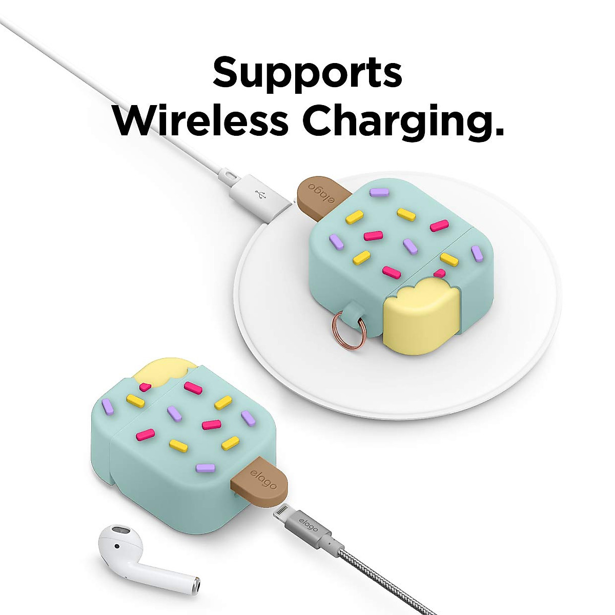 elago Ice Cream AirPods Case with Keychain Designed for Apple AirPods 1 & 2, Shockproof Protective Skin, Cute Accessories for Girls, Kids, Boys [US Patent Registered] (Mint)