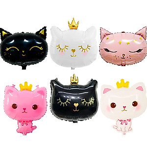 Crown Cat Foil Balloons Cat Balloons Pink White Cute Cat Balloons for Child Kitten Pet Theme Cartoon Baby Shower Wedding Kids Birthday Party Supplies (6pcs)