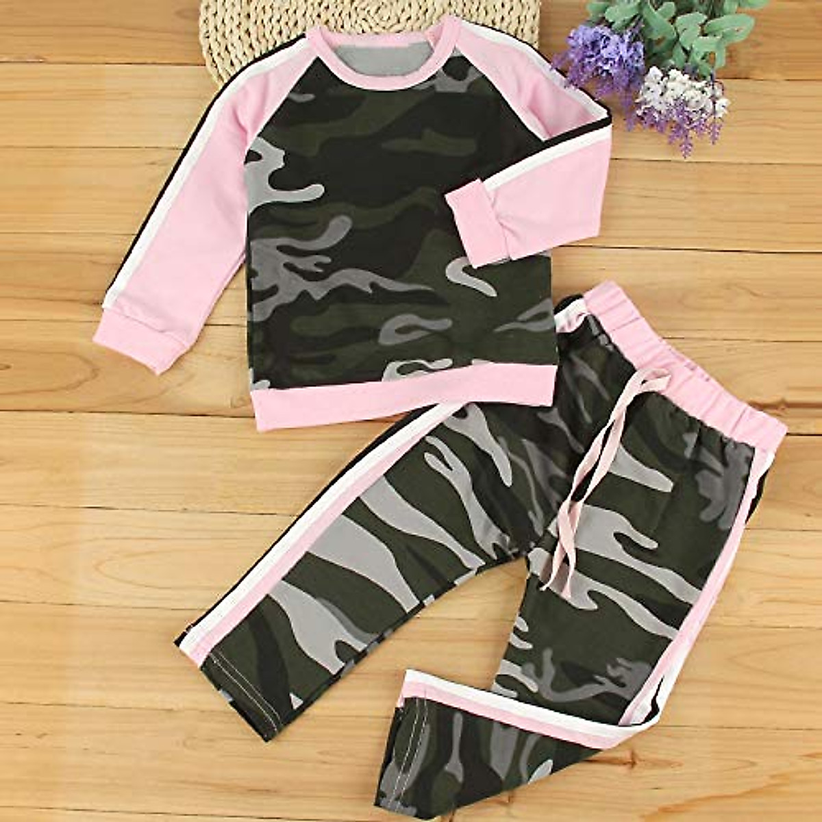 puseky Toddler Baby Girls Camouflage Long Sleeve Shirt & Pants Tracksuit Outfits (4T-5T, Camouflage+Pink)