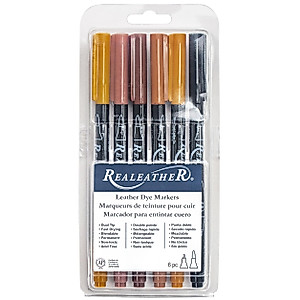 Realeather F2400-01 Dual Tip Leather Dye Marker Pens (6 Pack), Earth Tones