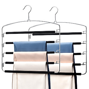 HOUSE DAY Magic Pants Hangers Space Saving, 2 Pack Metal Closet Organizer, Multiple Hangers with Padded Swing Arm, 5 Tier Non Slip Pant Hanger for Pants, Jeans, Leggings, Slacks (Black)